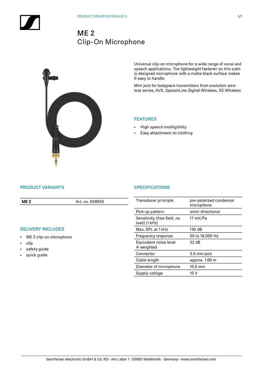 Sennheiser ME 2 Omnidirectional Lavalier Microphone with Locking 3.5mm ...